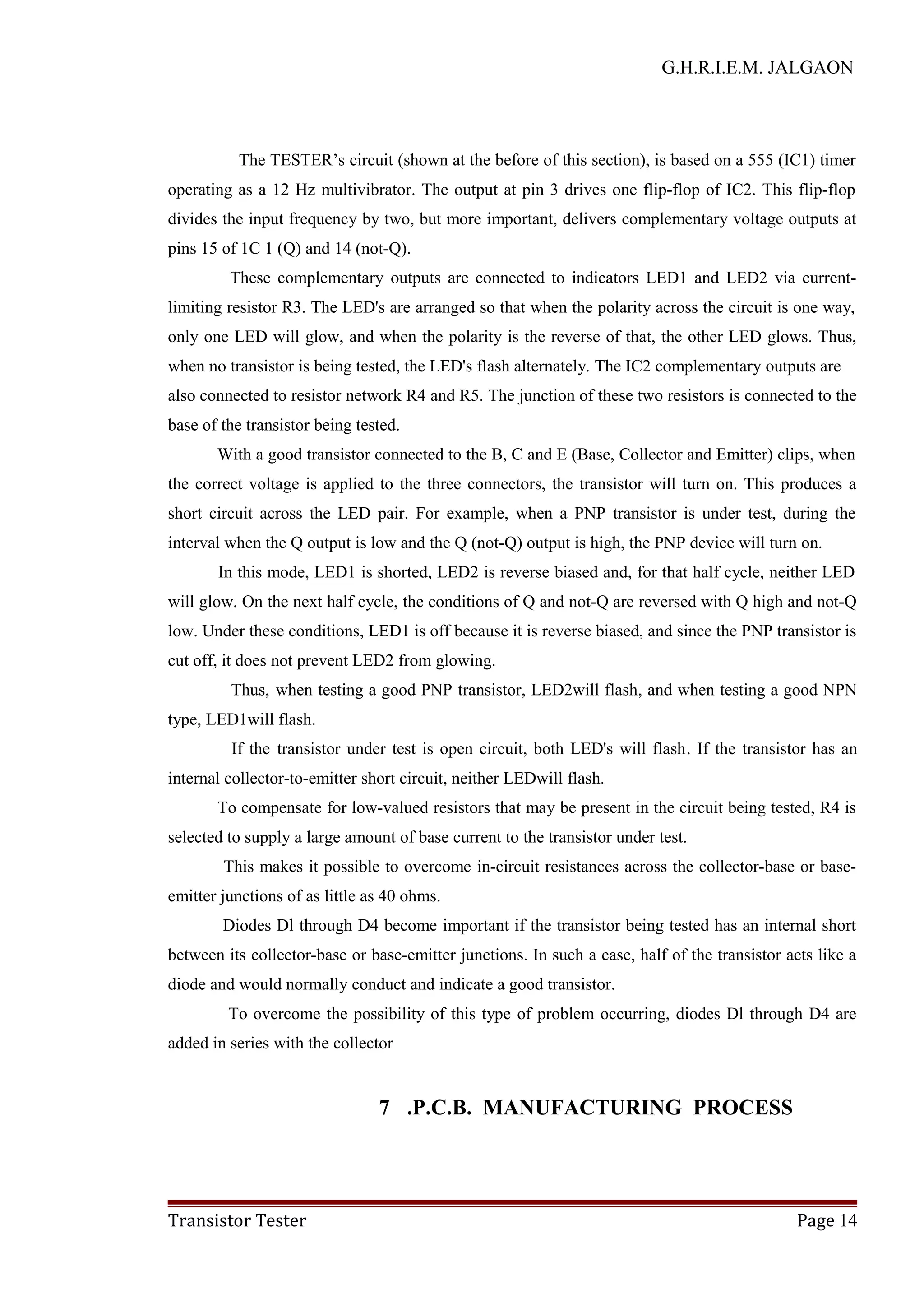 Transister Tester Project Report with Circuit Diagram | DOC