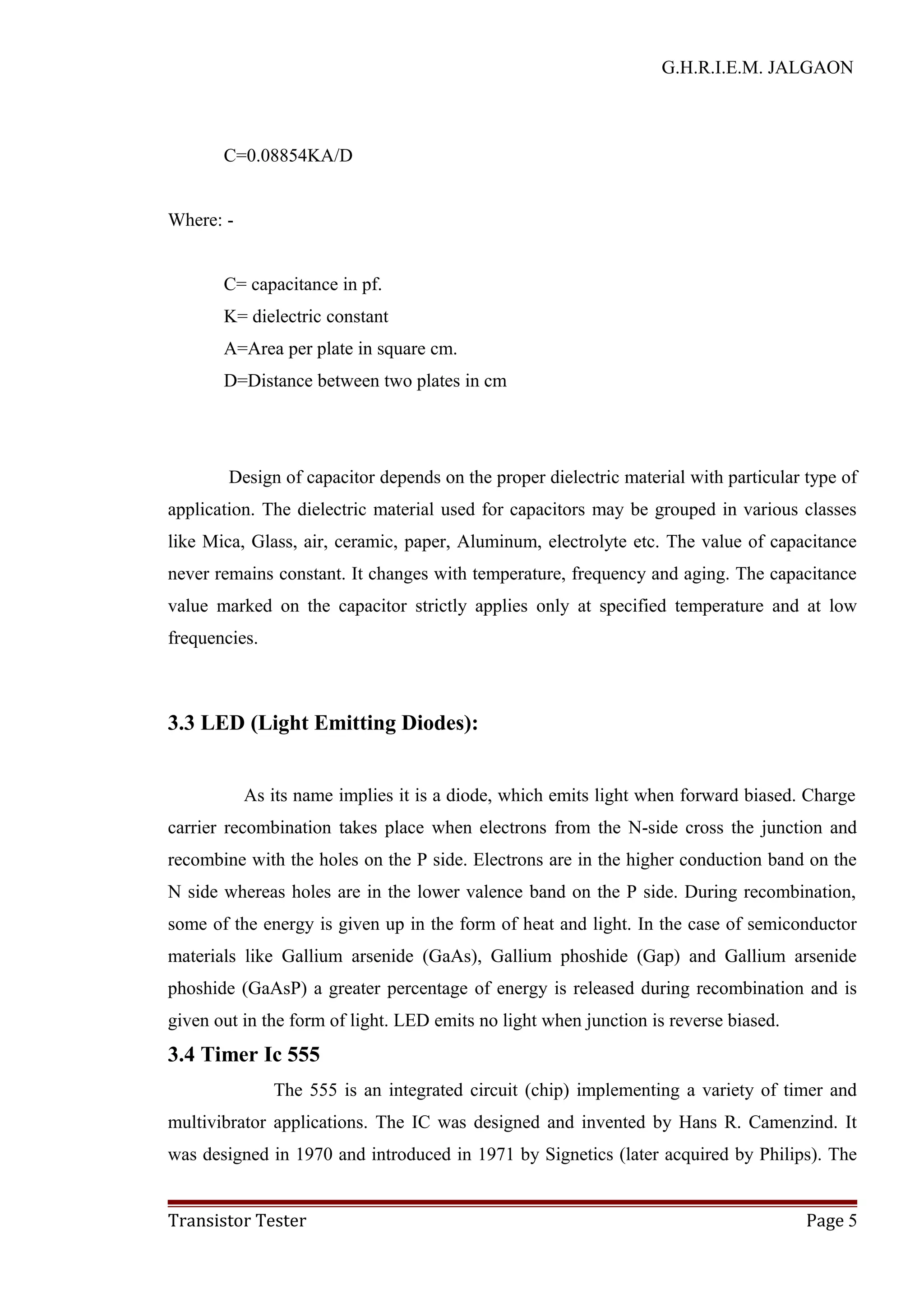 Transister Tester Project Report with Circuit Diagram | DOC
