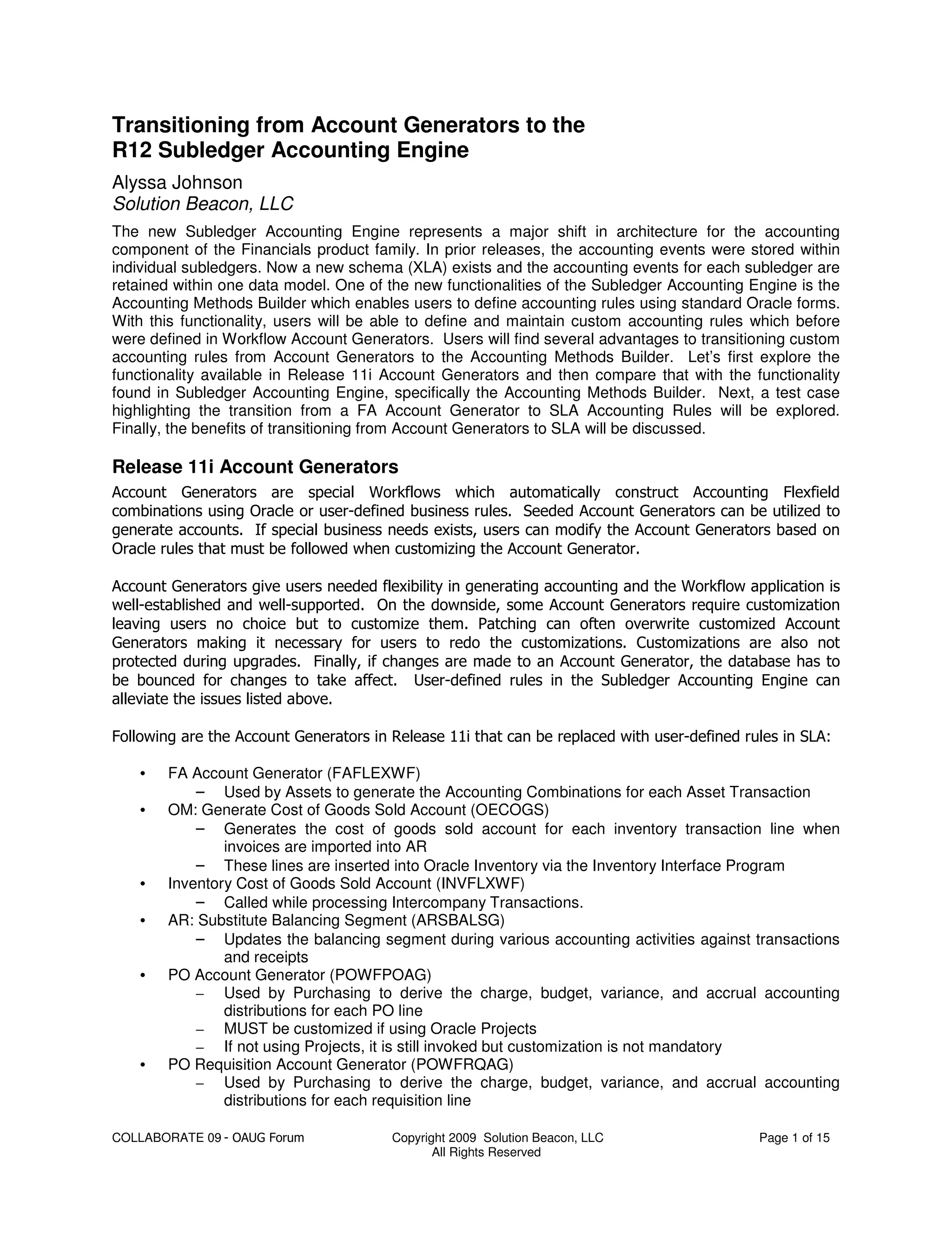 TRANSITIONING from ACCOUNT GENERATOR SLA | PDF