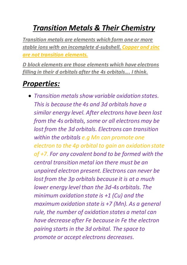 Transition metals | DOCX | Chemistry | Science