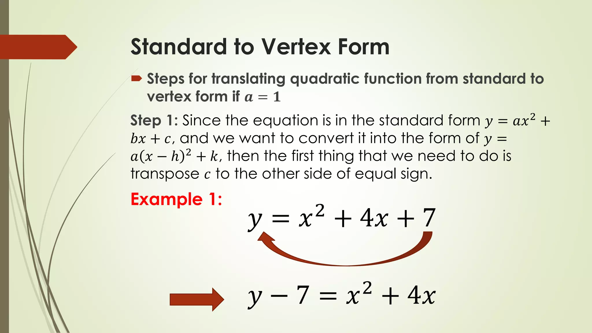 Translating standard form into vertex form if a=1 | PDF