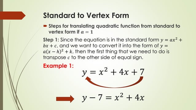 Translating standard form into vertex form if a=1 | PDF