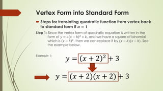 Translating vertex form into standard form when a=1 | PPT