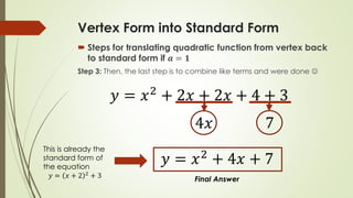 Translating vertex form into standard form when a=1 | PPT