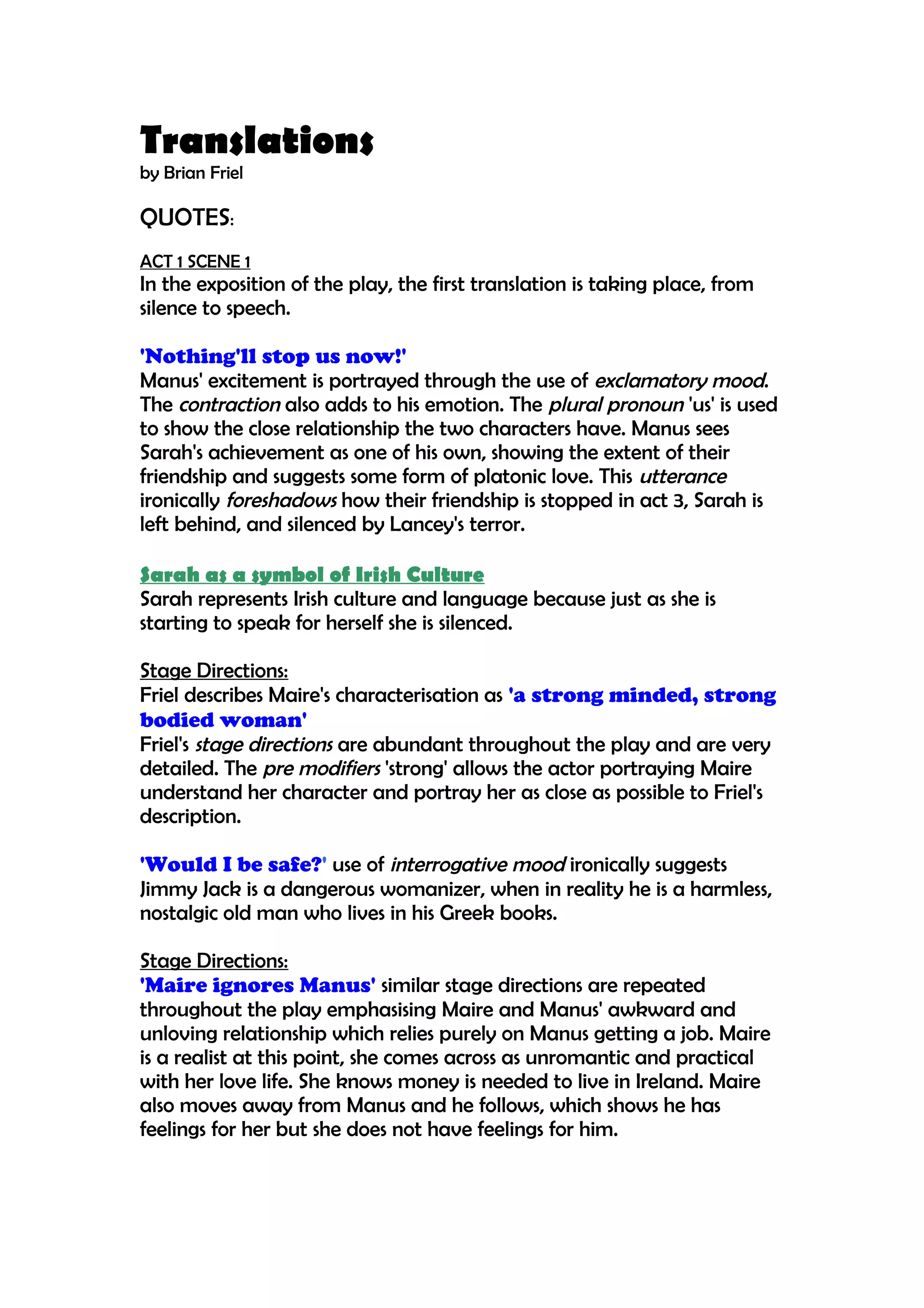 Translations Brian Friel Quotes, Themes and Analysis by T. Scarsbrook | DOC