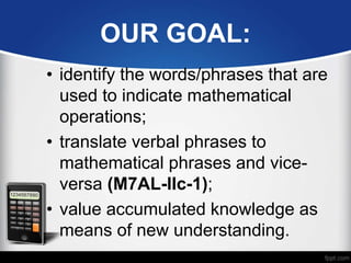 Translationverbalphrasemathematicalphrase lacdemo | PPT