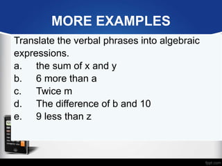 Translationverbalphrasemathematicalphrase lacdemo | PPT