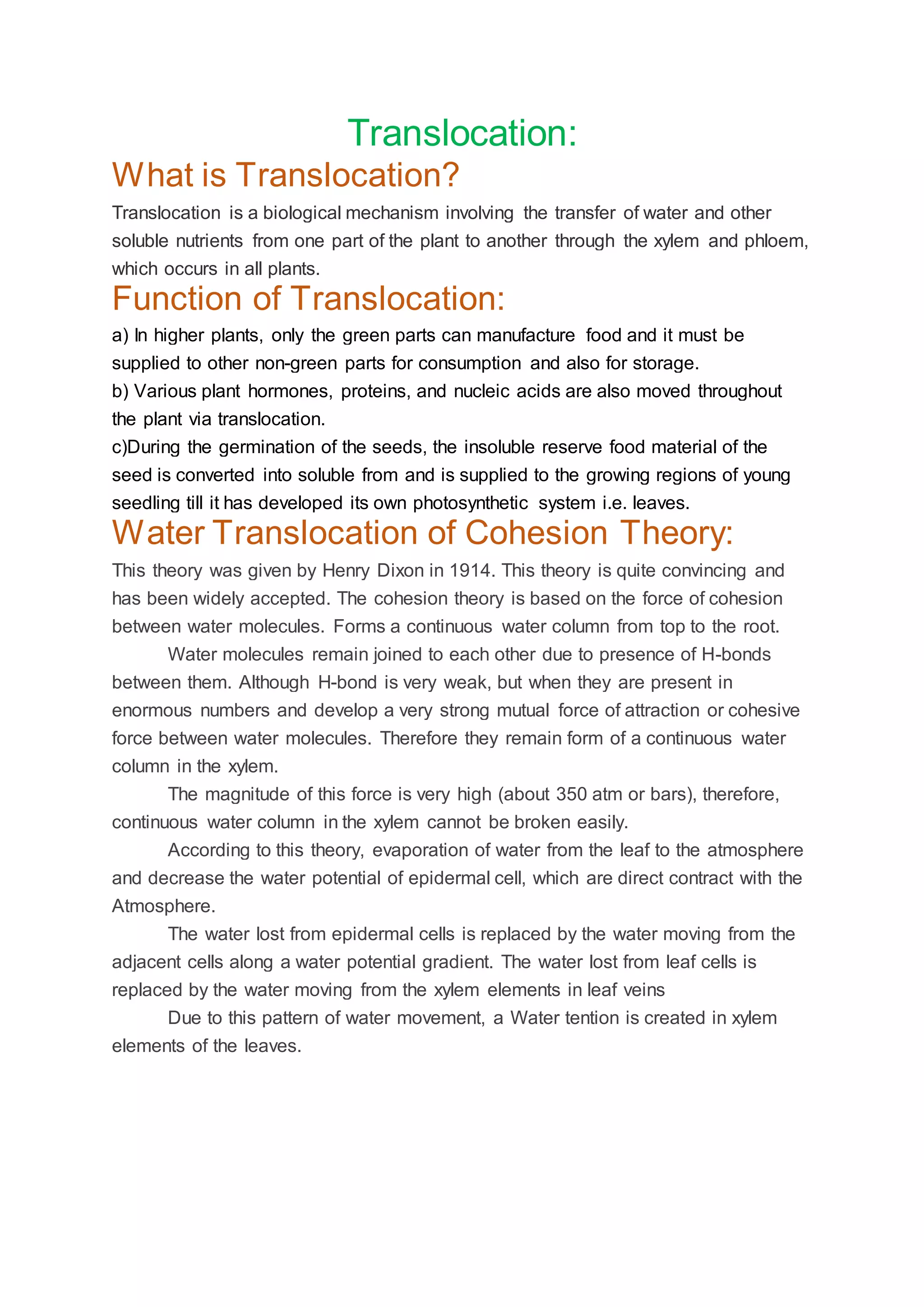 Translocation & Water Translocation of Cohesion Theory | DOCX