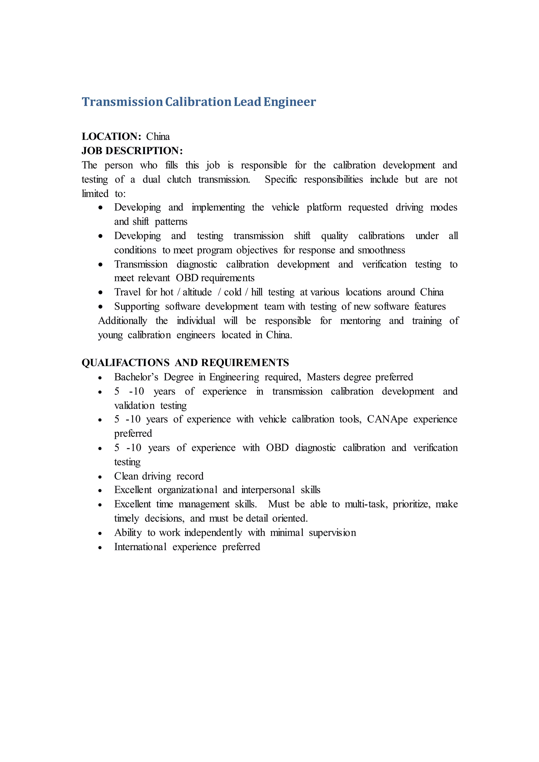 Transmission calibration lead engineer ss | PDF