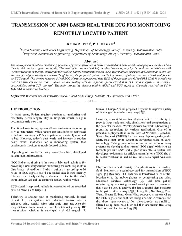 Transmission of arm based real time ecg for monitoring remotely located patient | PDF | Heart ...