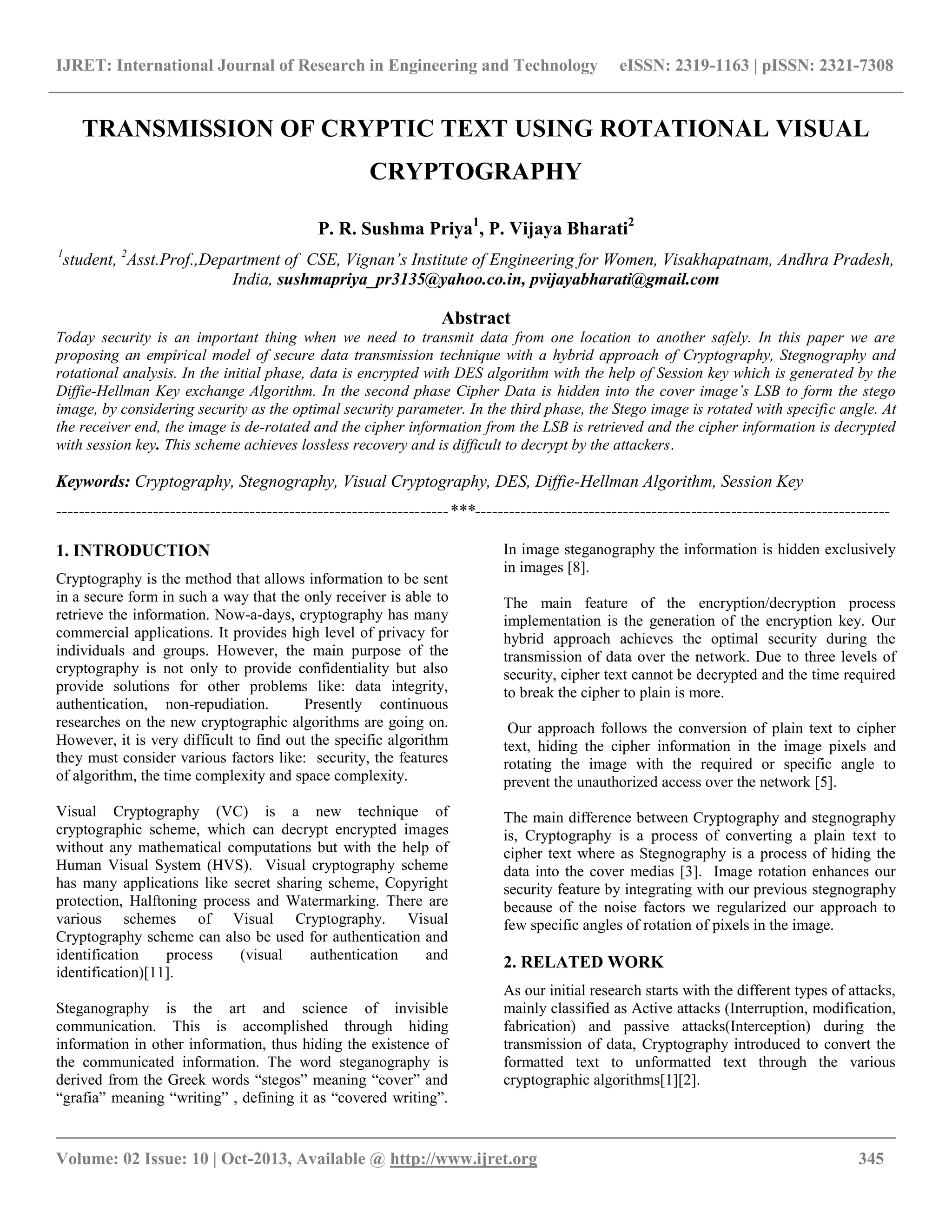 Transmission of cryptic text using rotational visual cryptography | PDF