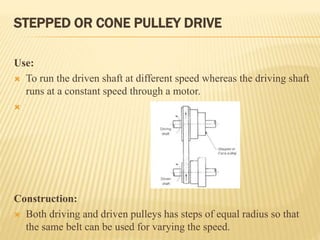Transmission of Power Transmission of Power. Flat belt Drives: Types of ...