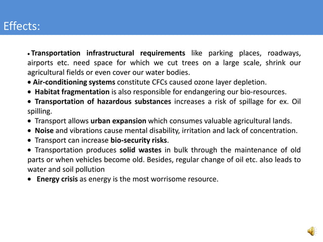 Transportation and its effect on environment | PPTX | Environmental ...