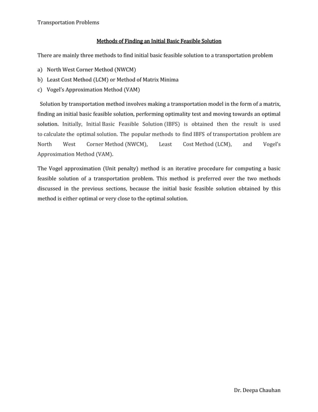 Transportation Problem- Initial Basic Feasible Solution | PDF