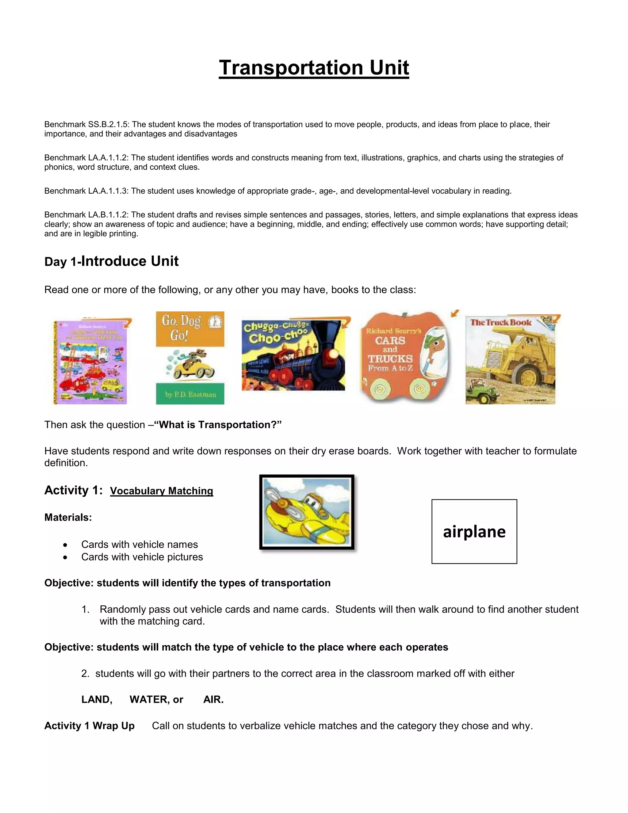 Transportation Unit lesson plans | DOCX
