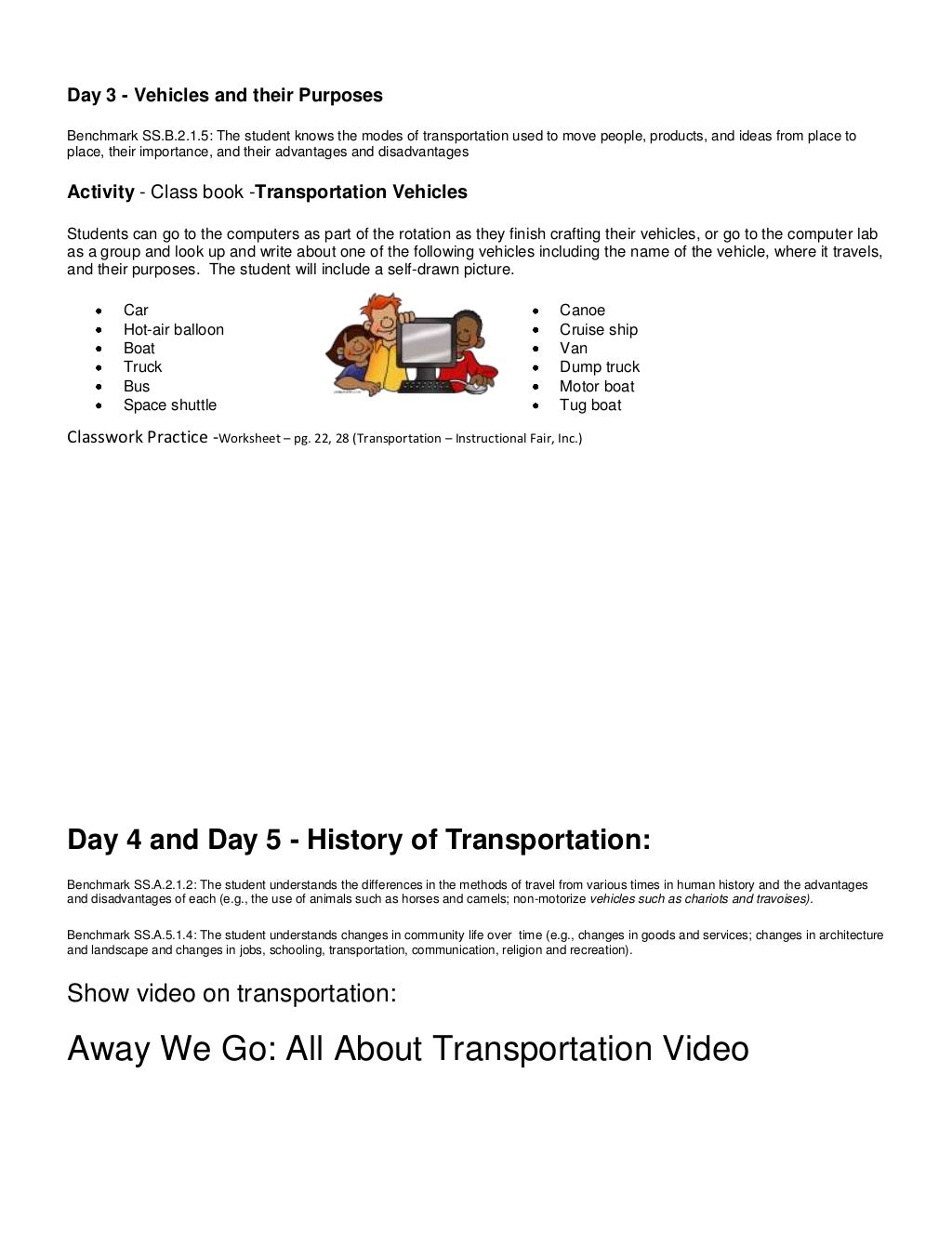 Transportation Unit lesson plans