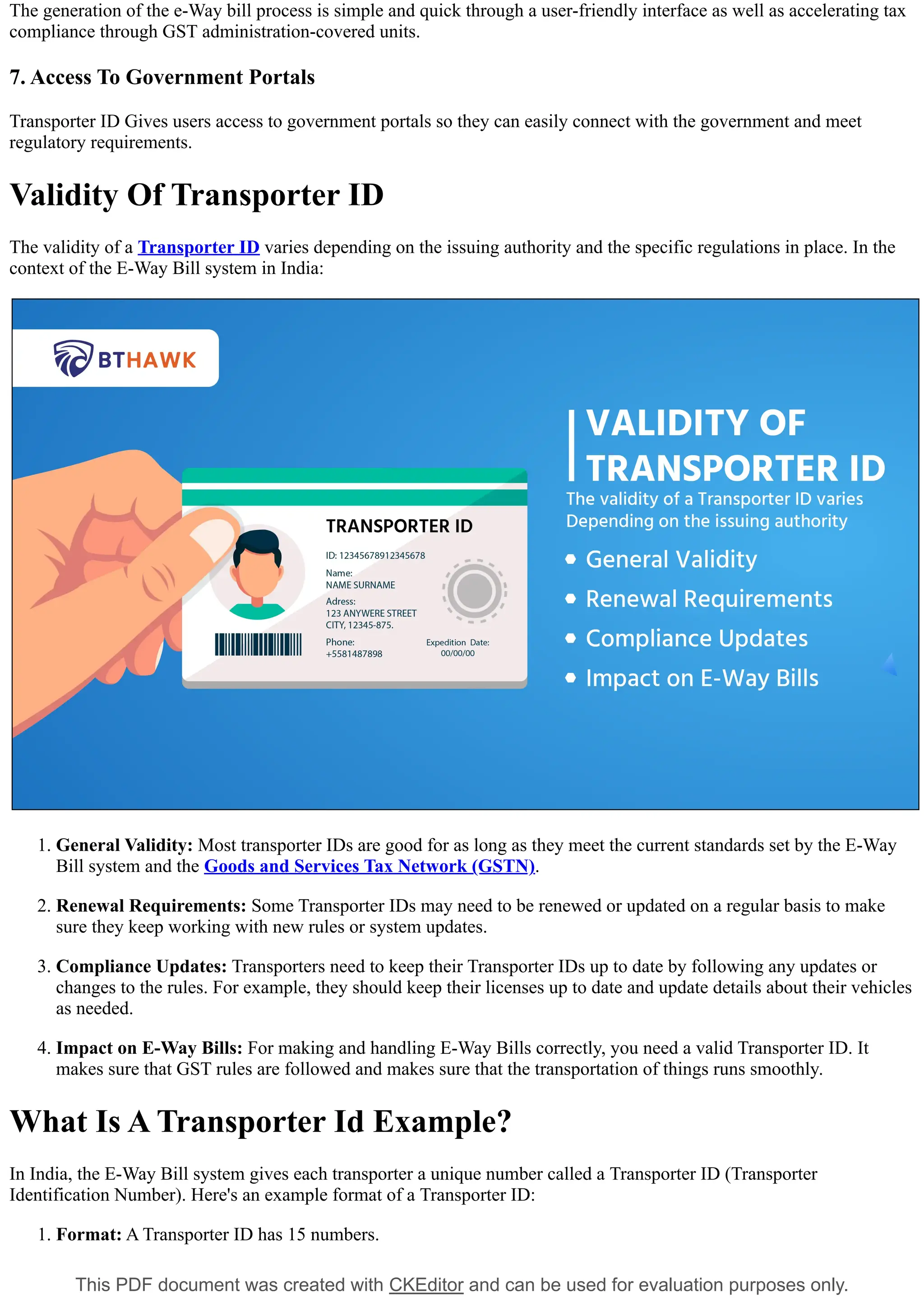 Transporter Id In E Way Bill - BTHAWK Software | PDF