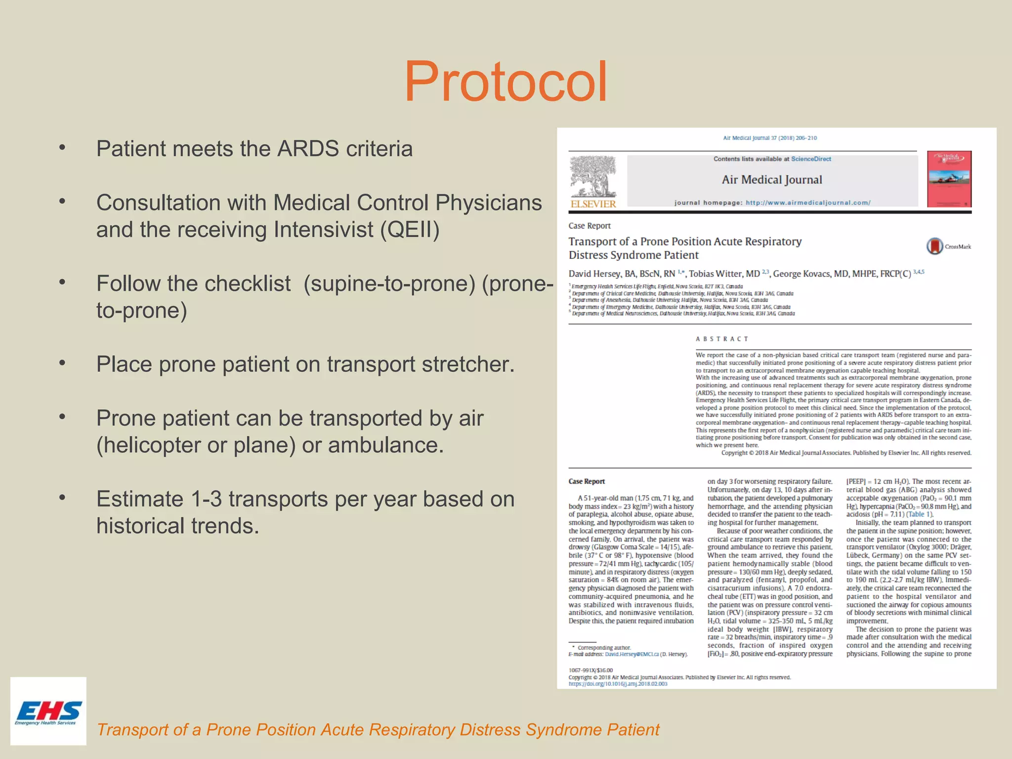 Transport of a prone position acute respiratory distress syndrome ...