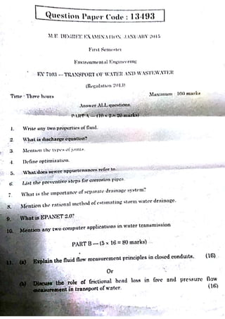 Ev5104 Transport of water and wastewater-previous year question paper | PDF