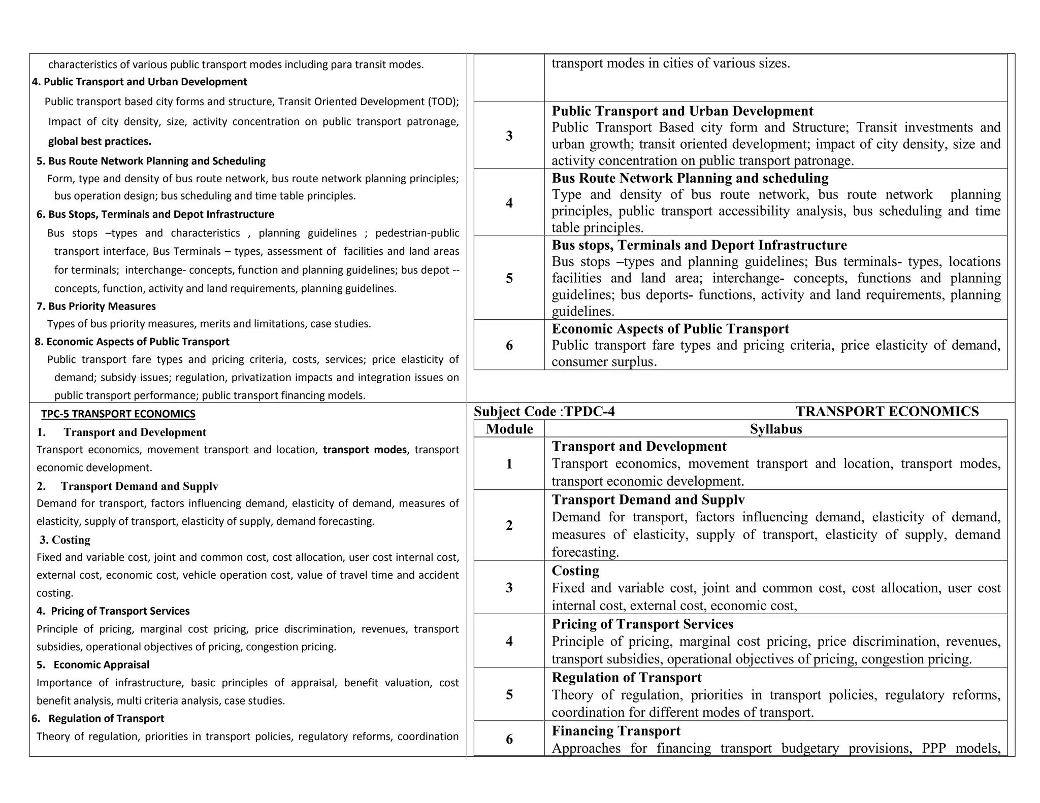 Transport Planning Syllabus SPAD | PDF