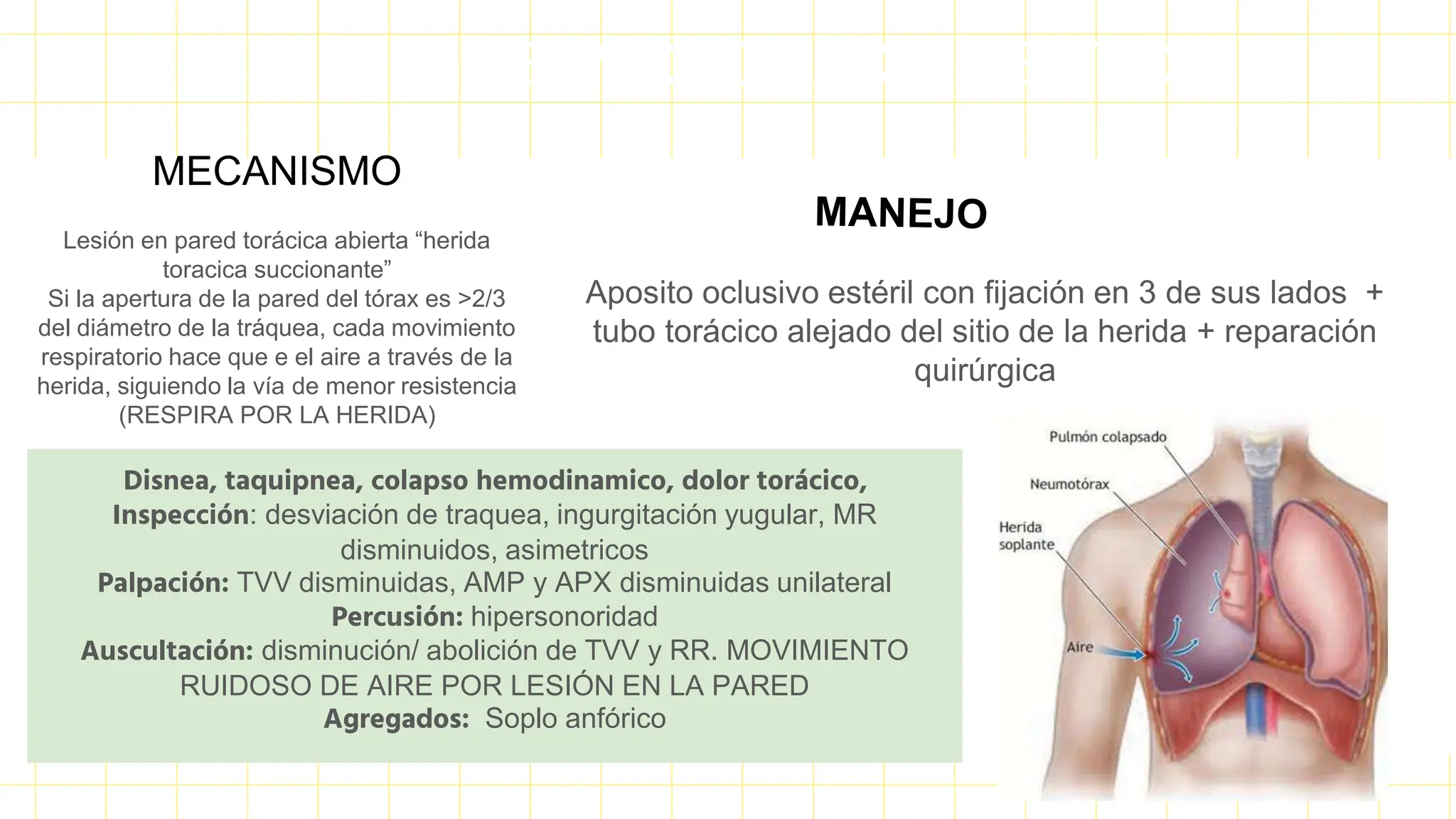 Trauma de torax; Neumotorax a tension, taponamiento cardiaco, por ...