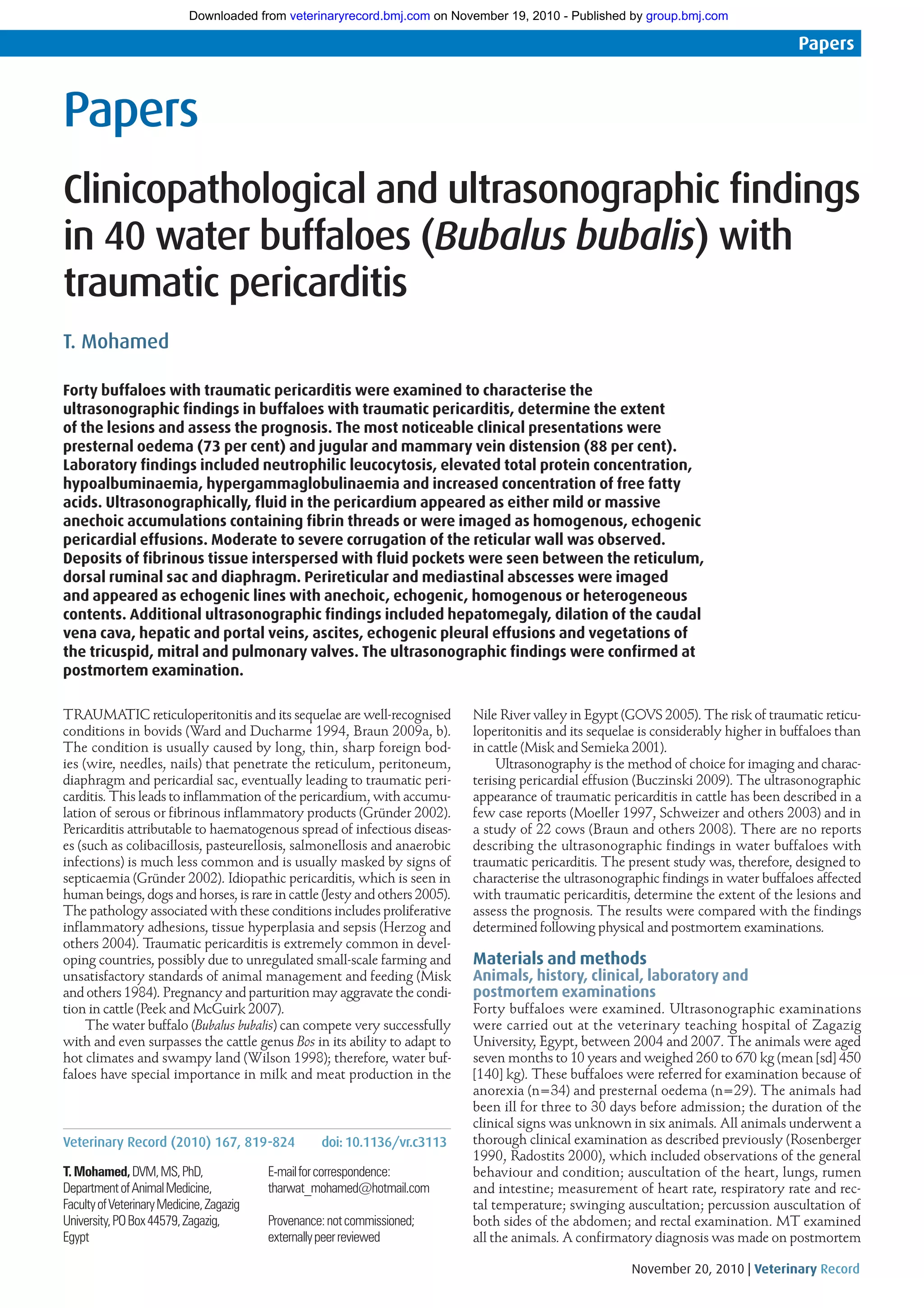 Traumatic pericarditis in buffaloes & Cattle Prof Hamed Attia | PDF
