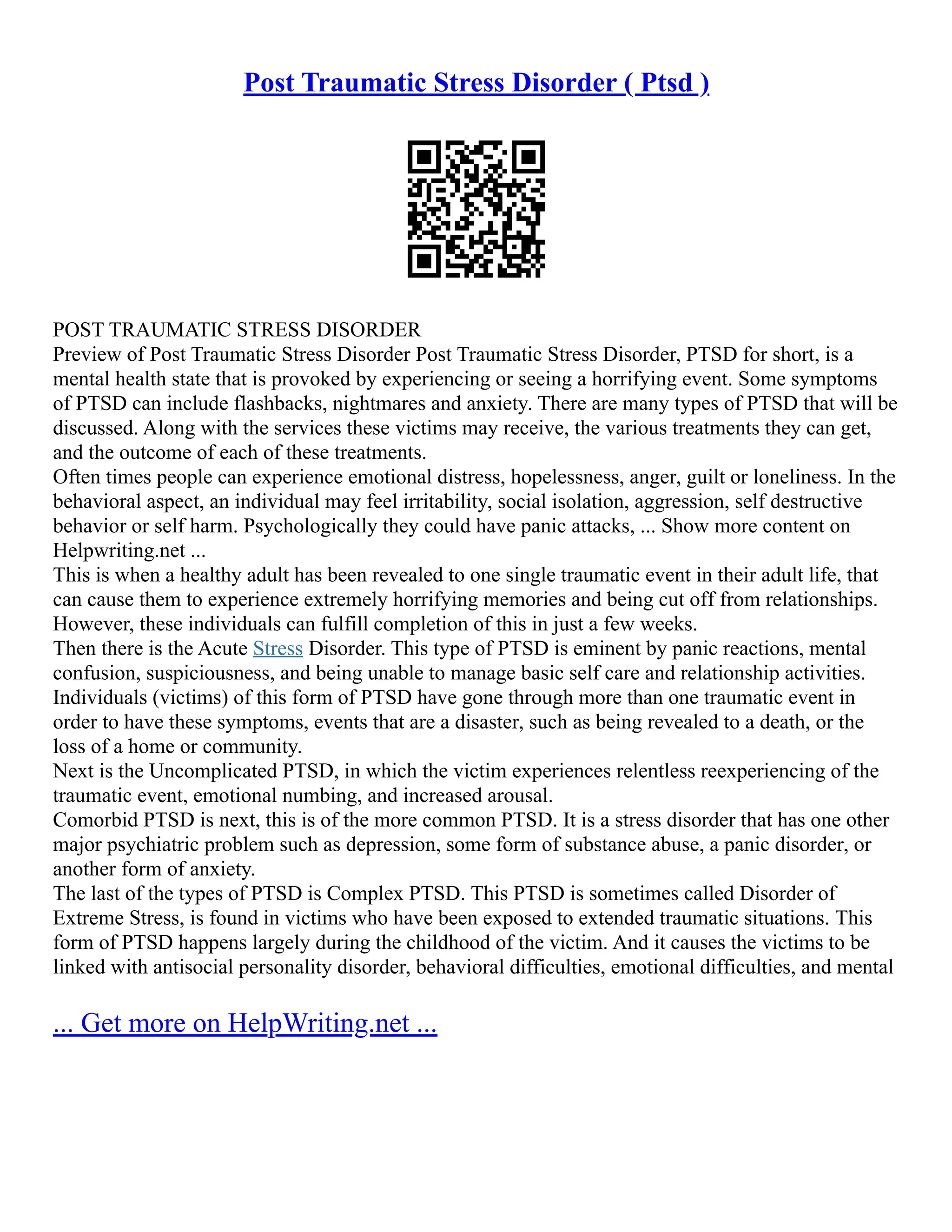 Traumatic Stress Disorder ( Ptsd ) | PDF