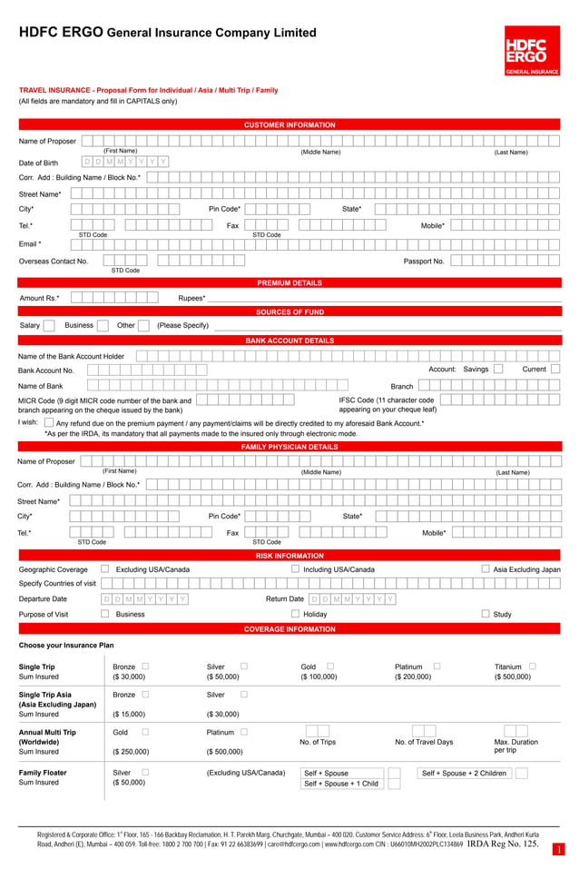 Travel Insurance Proposal Form - HDFC ERGO | PDF | Life Insurance ...