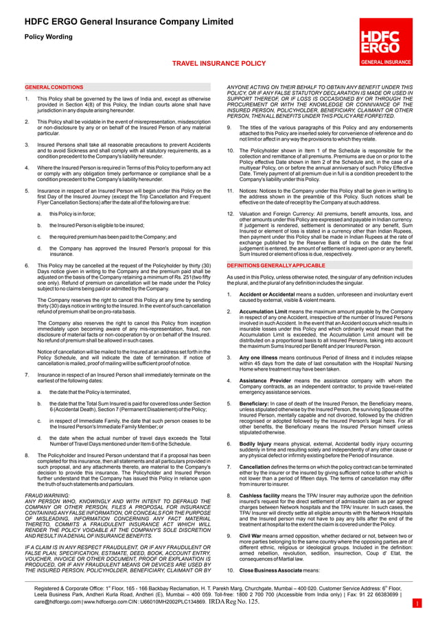 Travel Insurance Policy Wording - HDFC ERGO General Insurance Company Limited | PDF | Motor ...