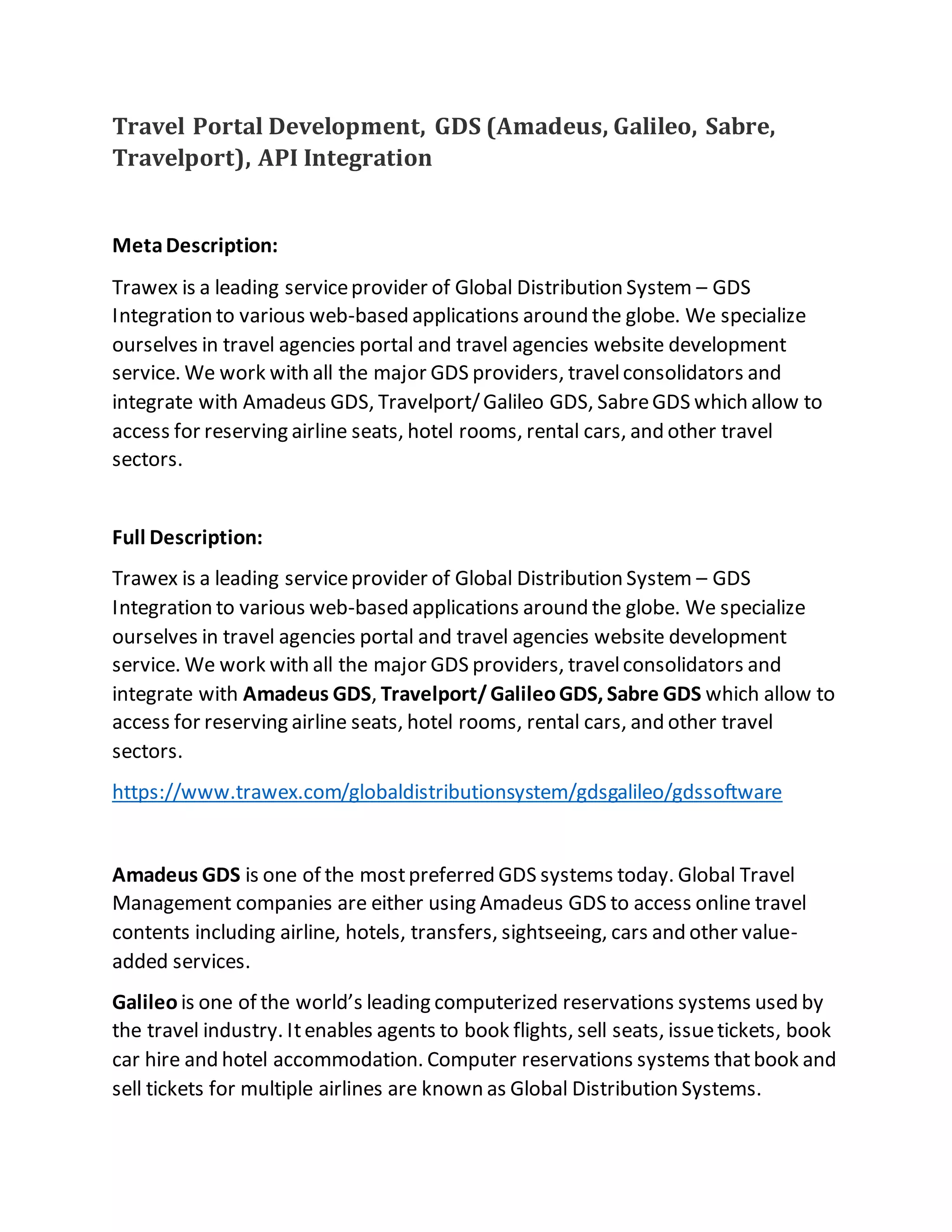 Travel portal development, gds (amadeus, galileo, sabre, travelport ...