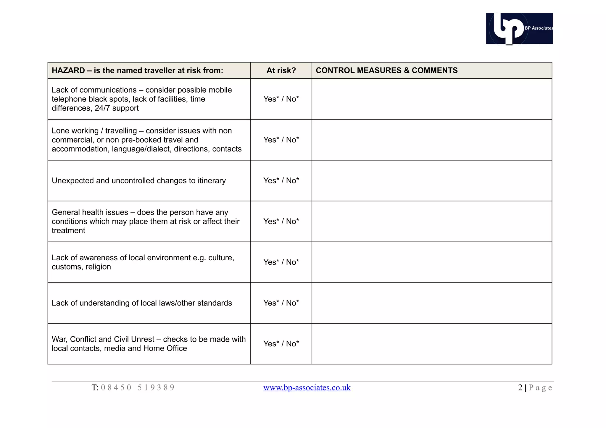 Travel Risk Assessment Summary and Prompt Sheets | PDF