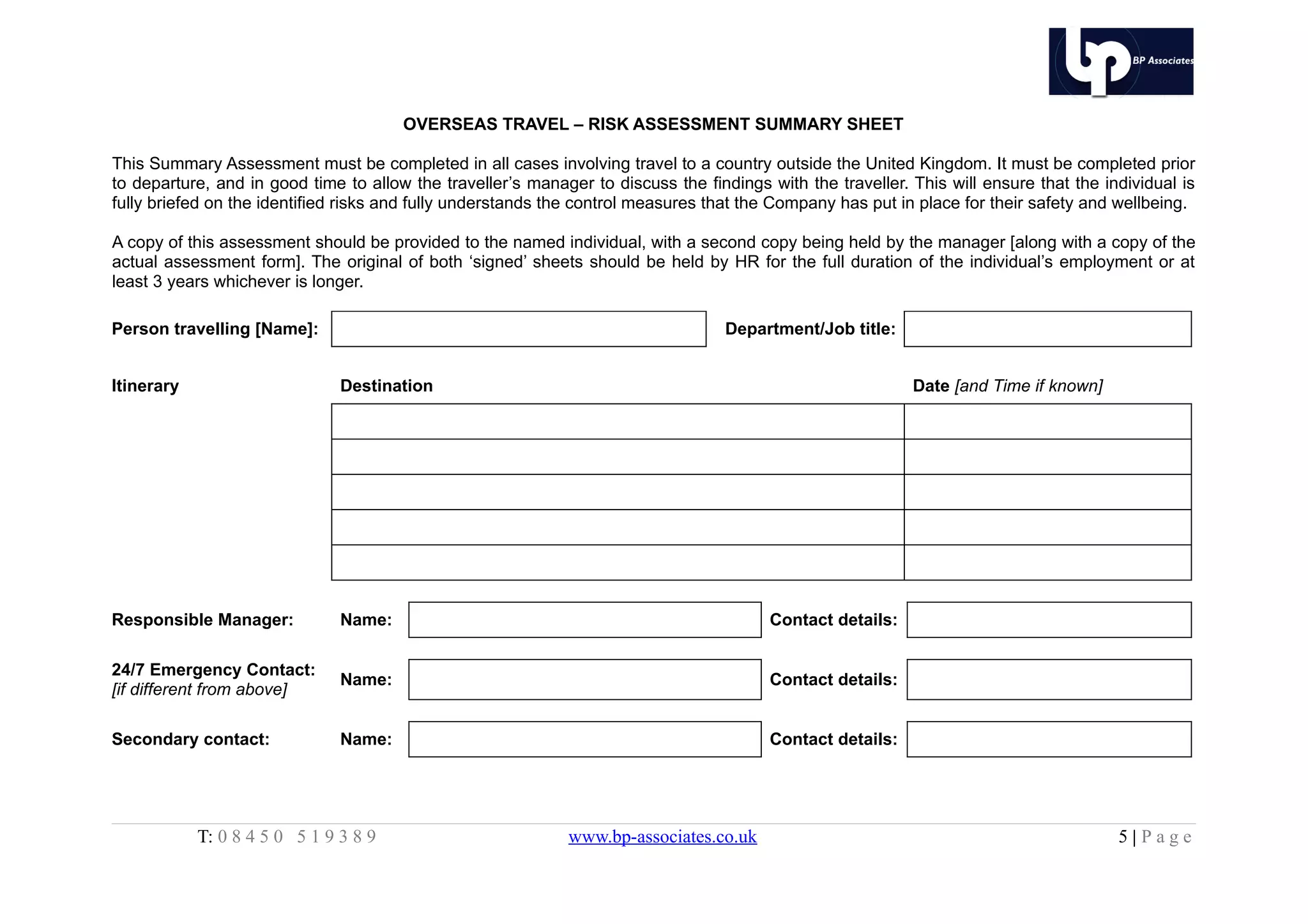 Travel Risk Assessment Summary and Prompt Sheets | PDF