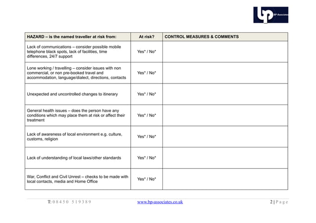 Travel Risk Assessment Summary and Prompt Sheets | PDF