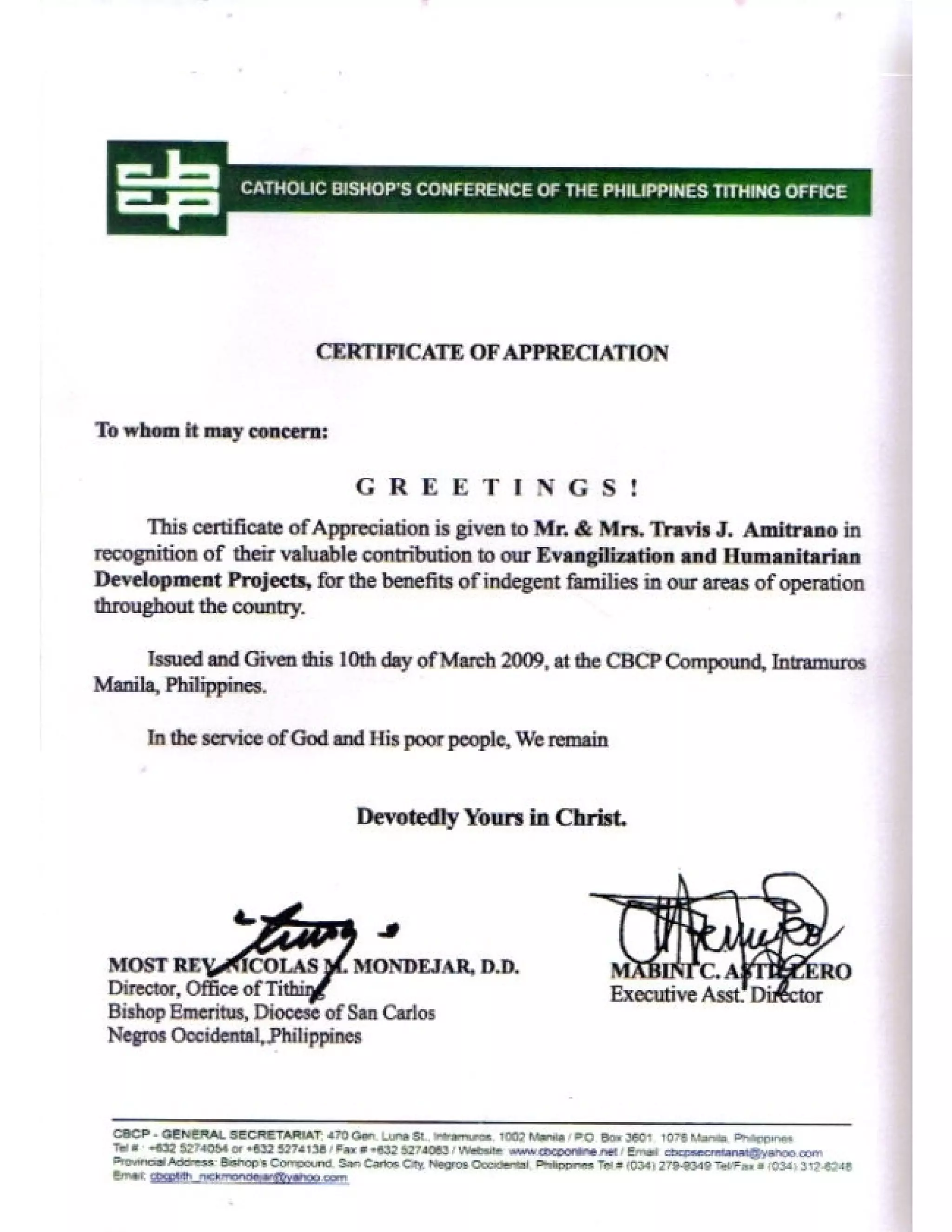 Travis Philippines Catholic Church Cert | PDF