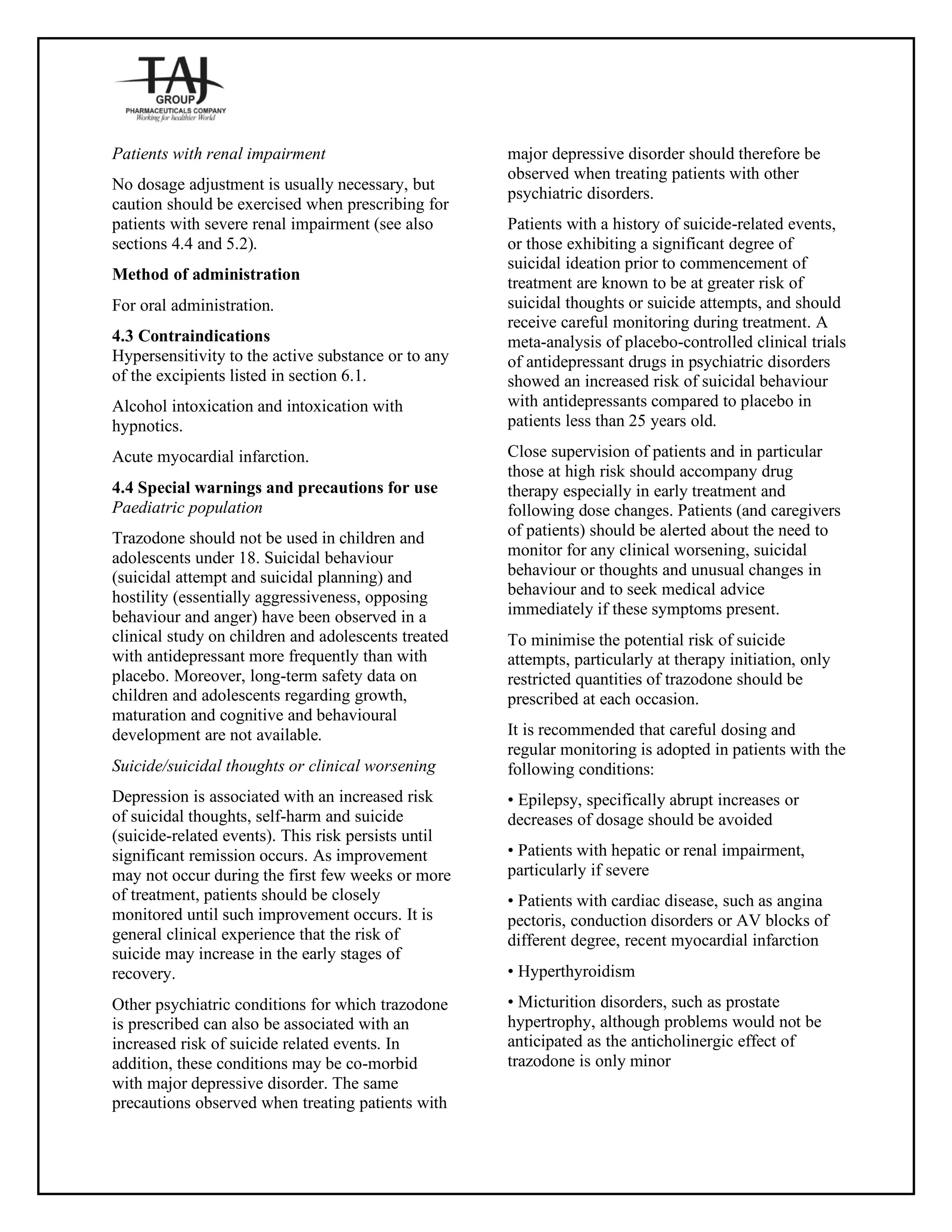 Trazodone Hydrochloride Tablets IP 25mg; 50mg; 100mg (Sesyrin) Taj ...
