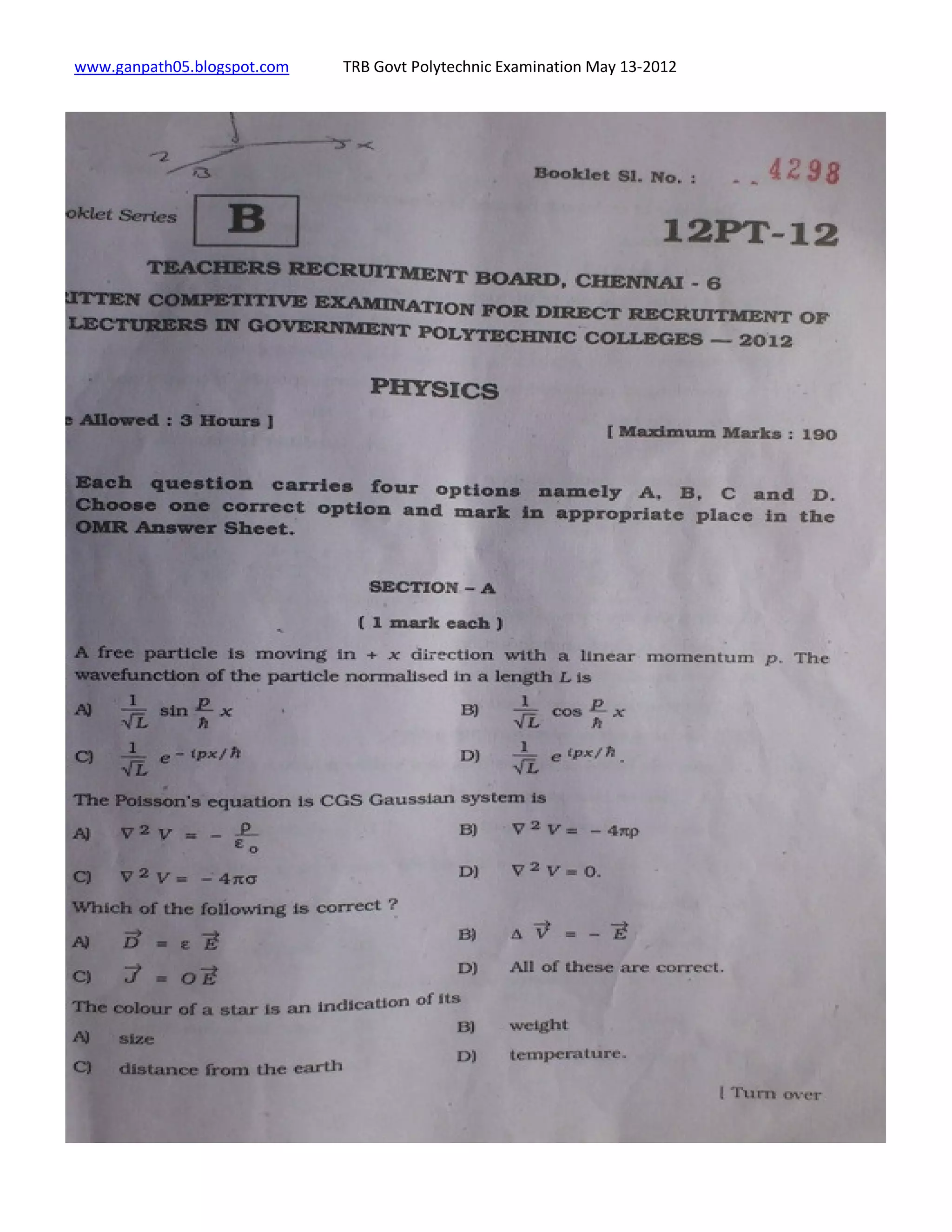 TRB Govt polytechnic Exam may 2012 | PDF