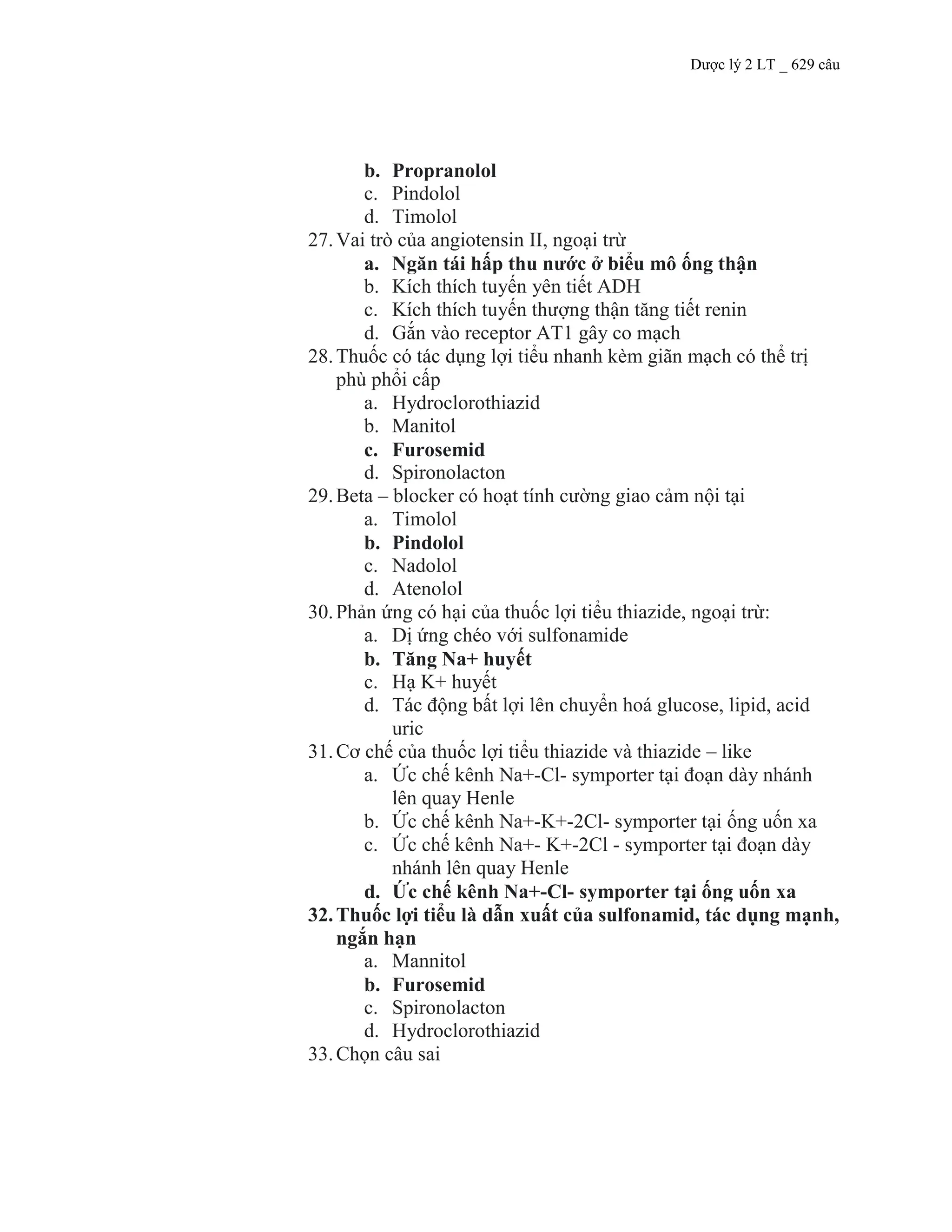 Trắc nghiệm Dược lý 2, TỔNG HỢP THUỐC TRỊ TĂNG HUYẾT ÁP VÀ LỢI TIỂU.docx