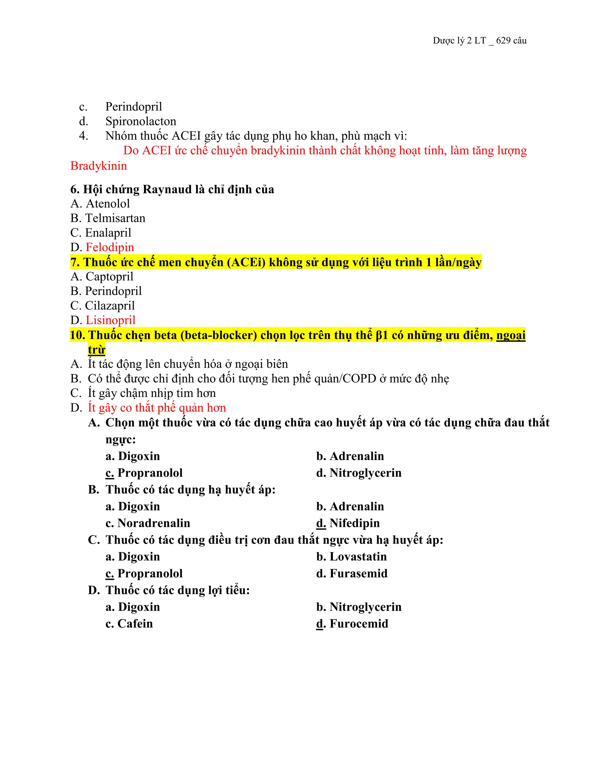 Trắc nghiệm Dược lý 2, TỔNG HỢP THUỐC TRỊ TĂNG HUYẾT ÁP VÀ LỢI TIỂU.docx