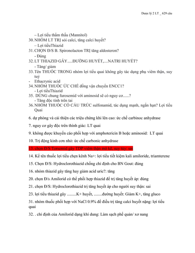 Trắc nghiệm Dược lý 2, TỔNG HỢP THUỐC TRỊ TĂNG HUYẾT ÁP VÀ LỢI TIỂU.docx