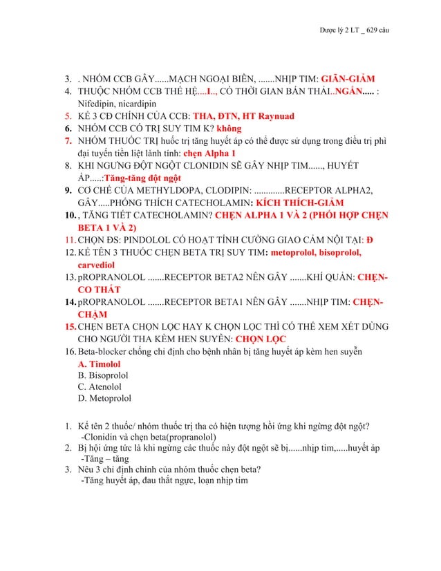 Trắc nghiệm Dược lý 2, TỔNG HỢP THUỐC TRỊ TĂNG HUYẾT ÁP VÀ LỢI TIỂU.docx