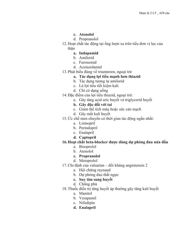 Trắc nghiệm Dược lý 2, TỔNG HỢP THUỐC TRỊ TĂNG HUYẾT ÁP VÀ LỢI TIỂU.docx