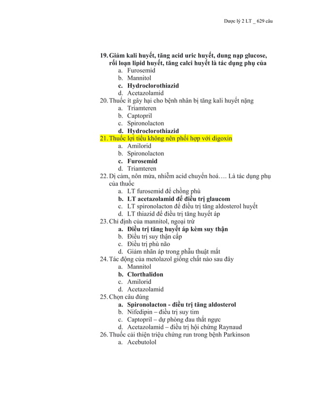 Trắc nghiệm Dược lý 2, TỔNG HỢP THUỐC TRỊ TĂNG HUYẾT ÁP VÀ LỢI TIỂU.docx