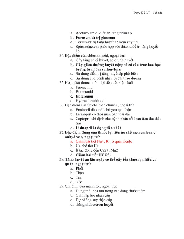 Trắc nghiệm Dược lý 2, TỔNG HỢP THUỐC TRỊ TĂNG HUYẾT ÁP VÀ LỢI TIỂU.docx