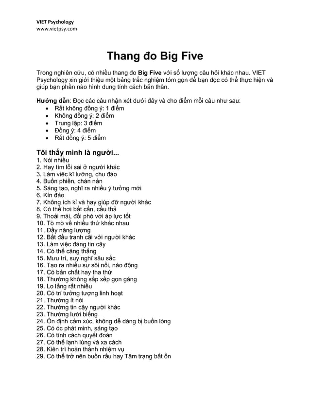 Trắc nghiệm tính cách big five | PDF