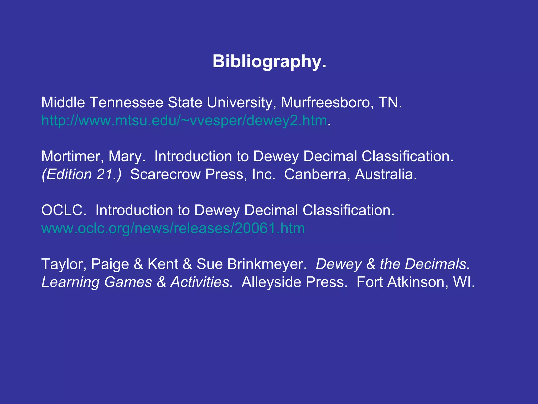 Dewey Decimal Classification | PPS