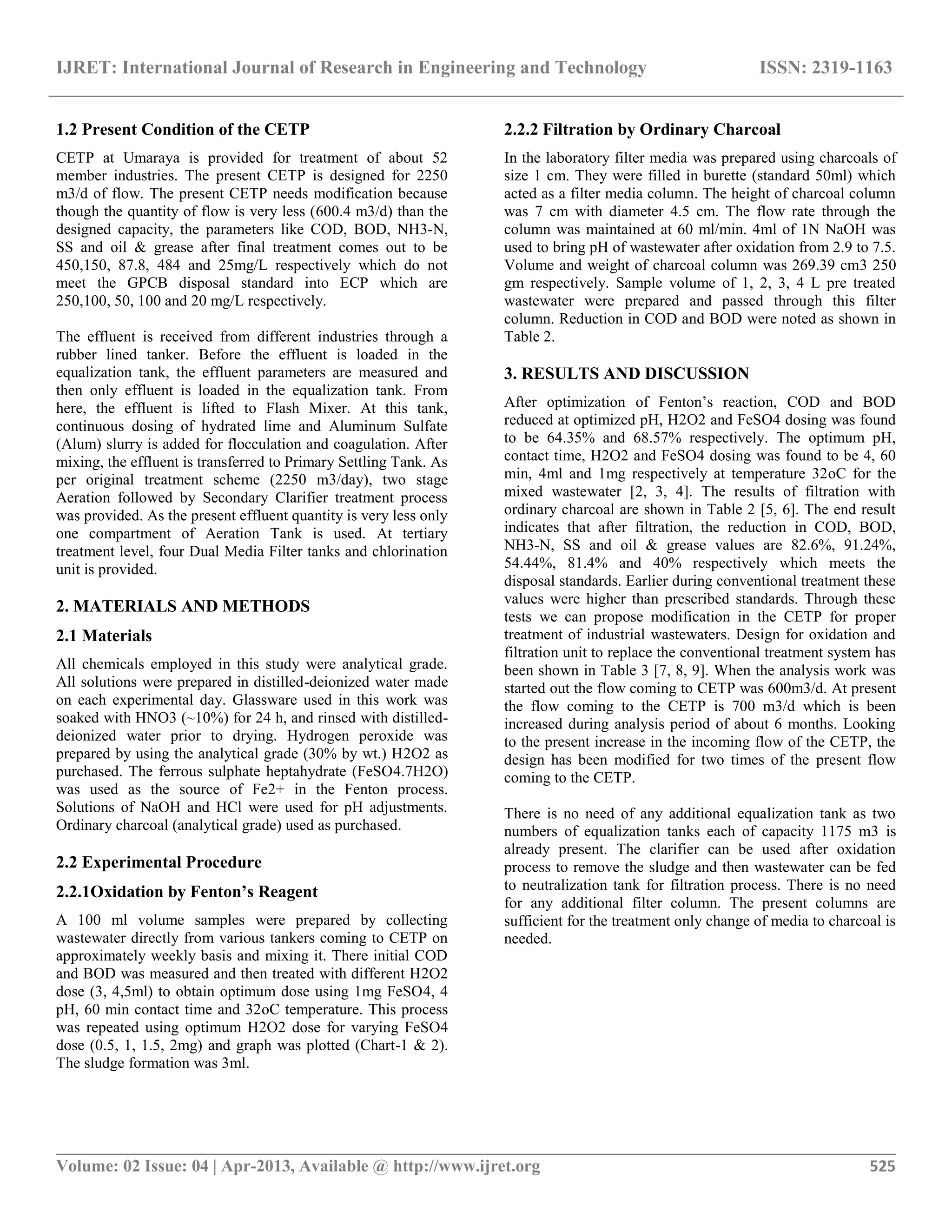 Treatability study of cetp wastewater using physico chemical process-a case study | PDF