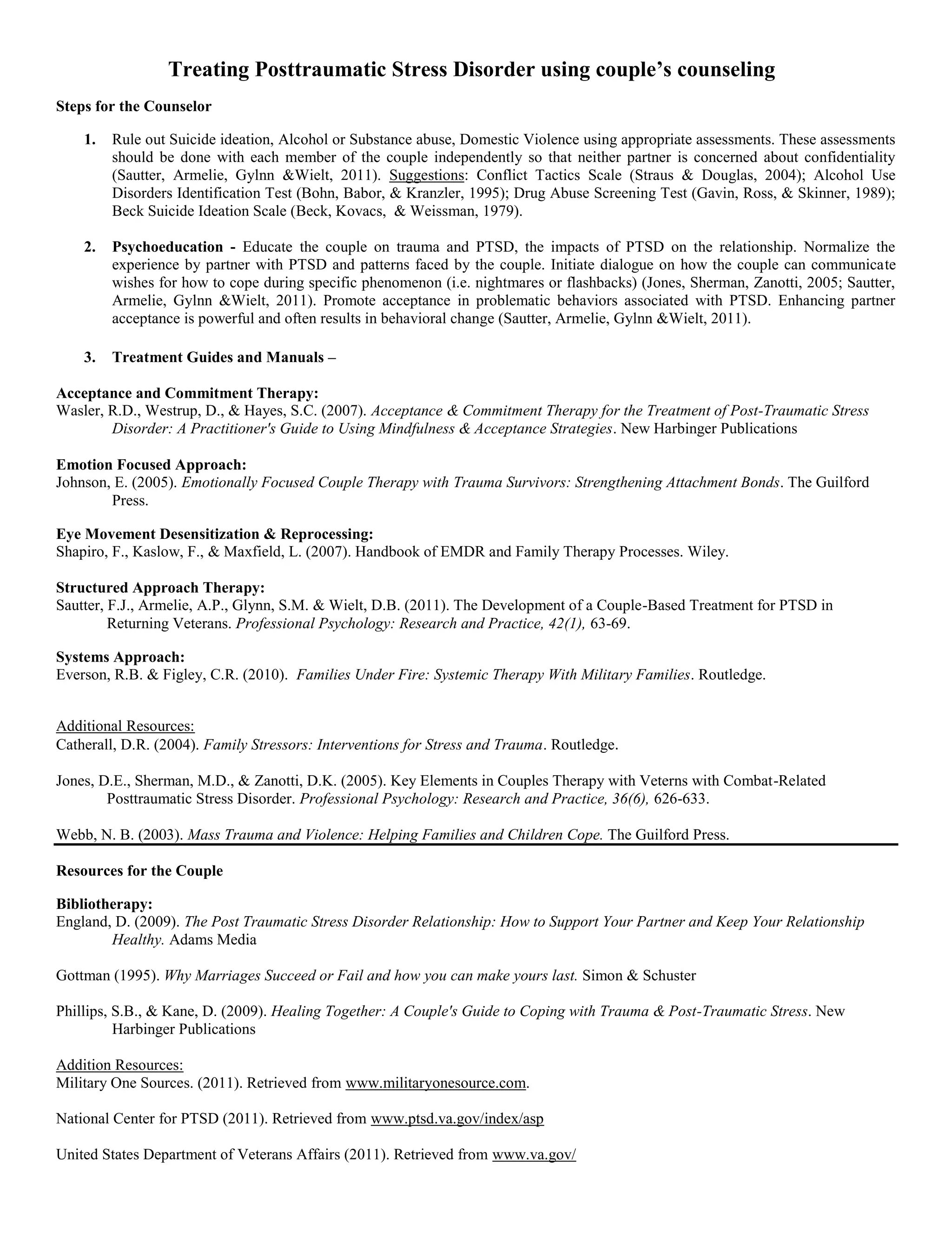 Treating Posttraumatic Stress Disorder Using Couples Counseling Handout ...