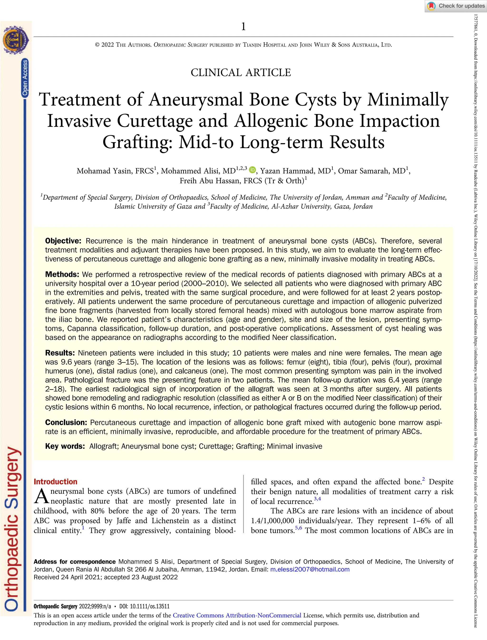Treatment of Aneurysmal Bone Cysts by Minimally Invasive Curettage and ...