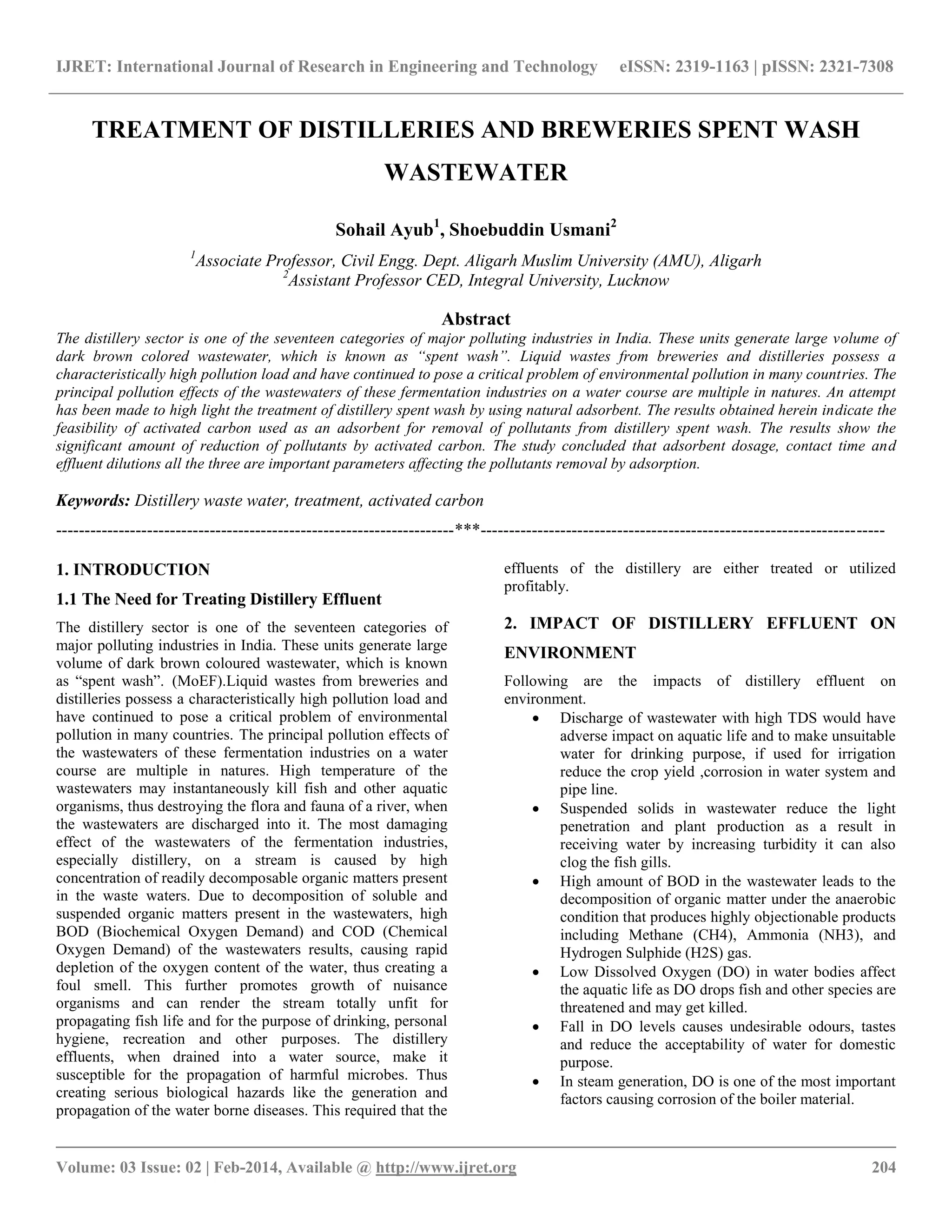 Treatment of distilleries and breweries spent wash wastewater | PDF