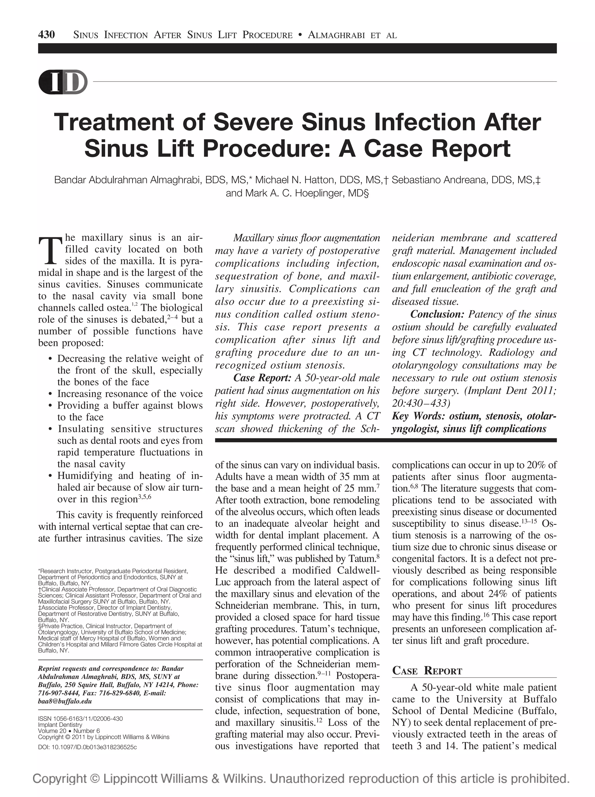 Treatment of severe sinus infection after sinus lift procedure a case ...